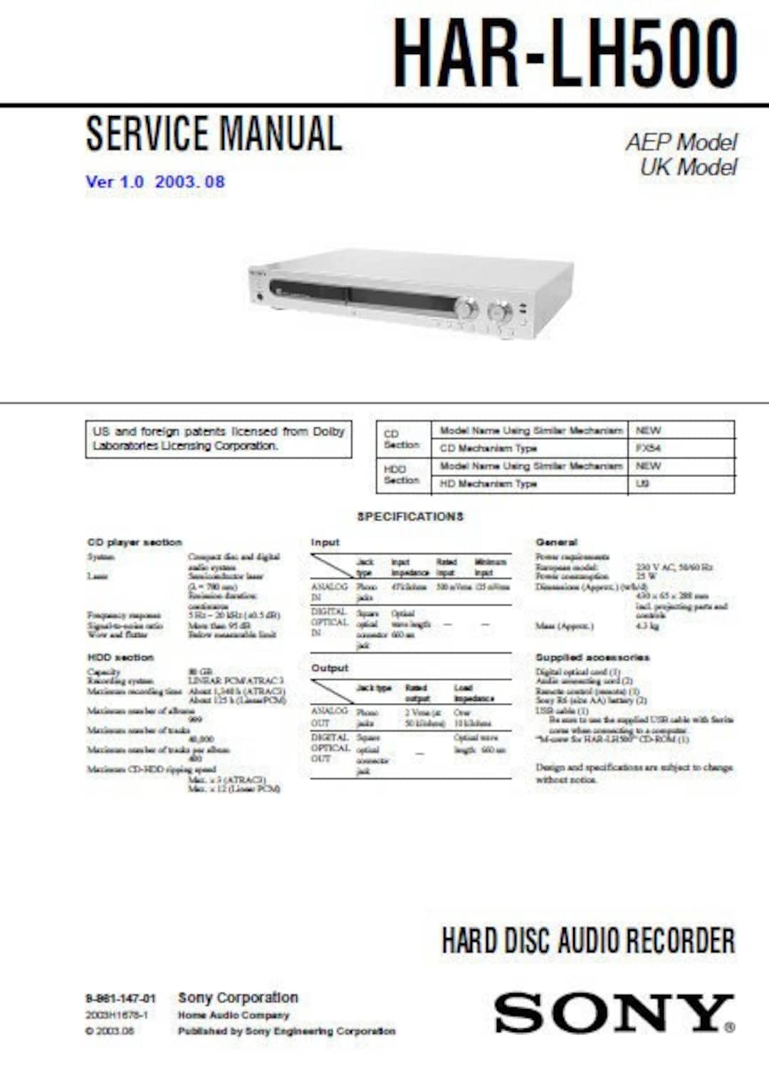 SONY HAR-LH500 Service Manual: Hard Disc Audio Recorder Schematics - Etsy