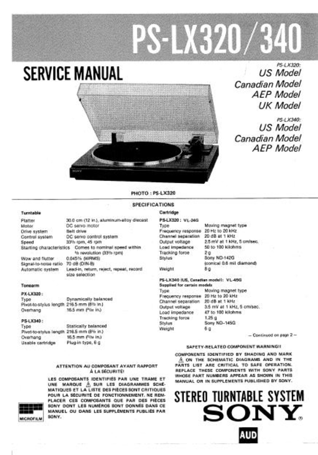 SONY PS-LX320 PS-LX340 Service Manual Stereo Turntable System English ...