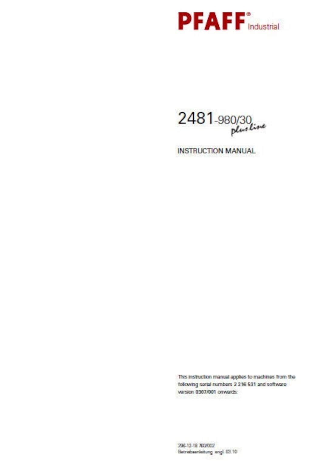 PFAFF 2481-980/30 Plusline Instruction Manual From Serial Number 2 216 ...