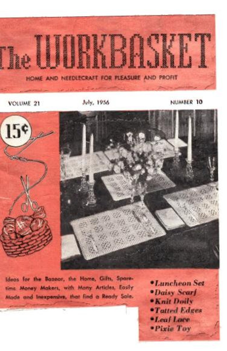 WORKBASKET Vol 21 No 10 July 1956 Needlecraft Magazine Sewing Knitting ...