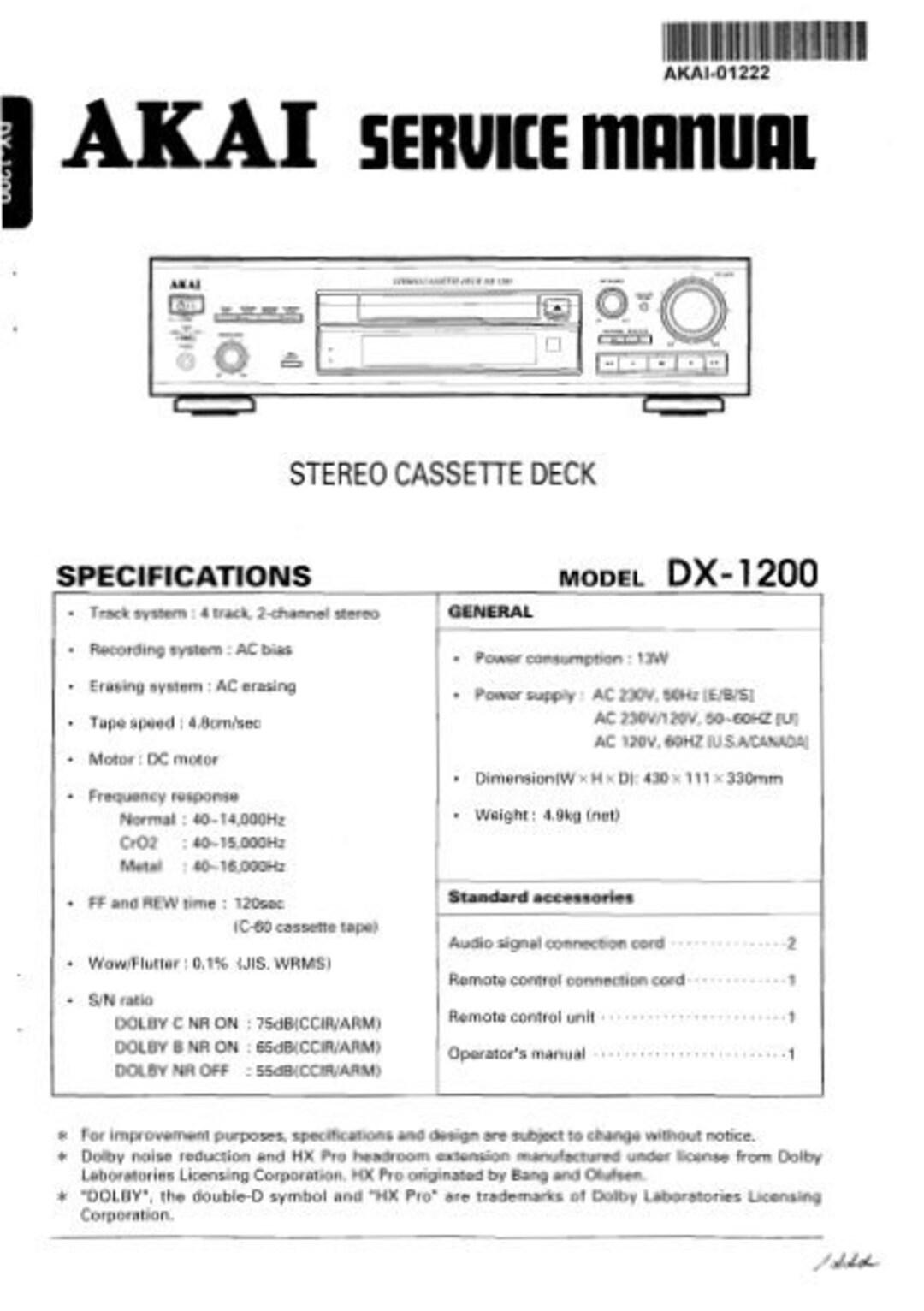 AKAI DX-1200 Service Manual Stereo Cassette Deck Including Wiring Diagram, Block Diagram, Pcbs ...