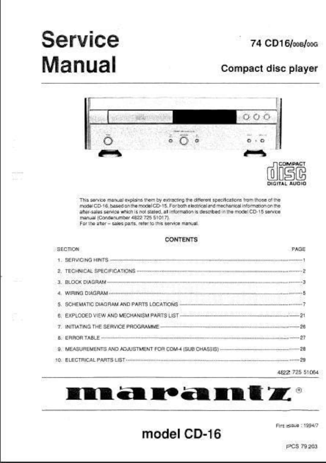 MARANTZ Cd-16 Service Manual Cd Player in English. MORE MANUALS @ Themanualsservice Dot Com - Etsy