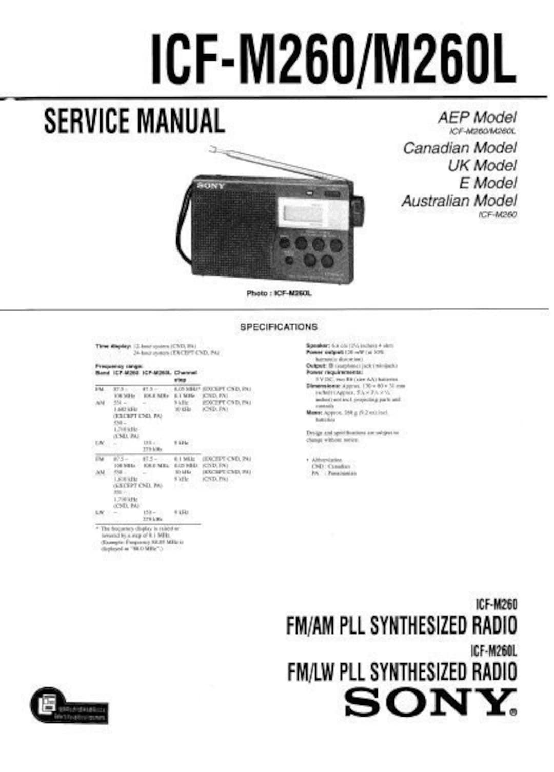 SONY ICF-M260/M260L Radio Service Manual (english) - Etsy