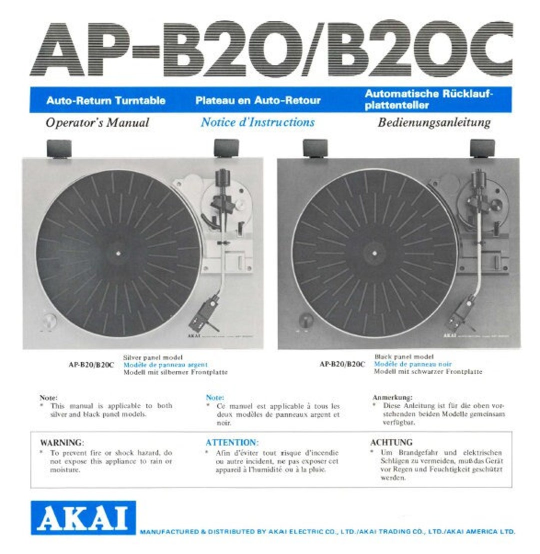 AKAI AP-B20 Ap-b20c Operators Manual Inc Conn Diag Auto Return ...