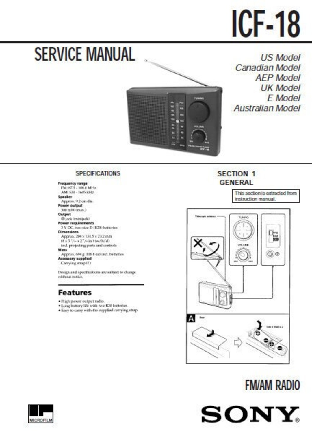 SONY ICF-18 Service Manual Inc Schems FM Am Radio - Etsy