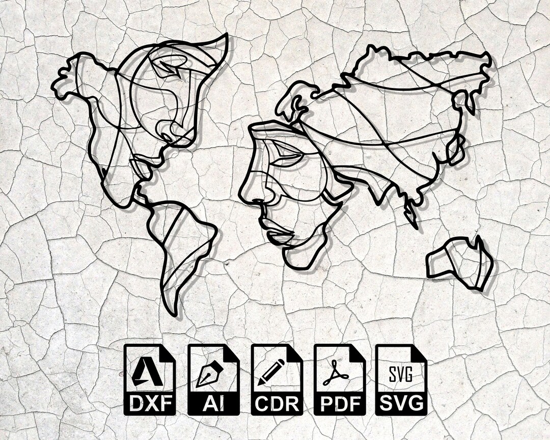 Buy World Map Faces Laser Cut Svg Dxf Files Wall Sticker Engraving ...