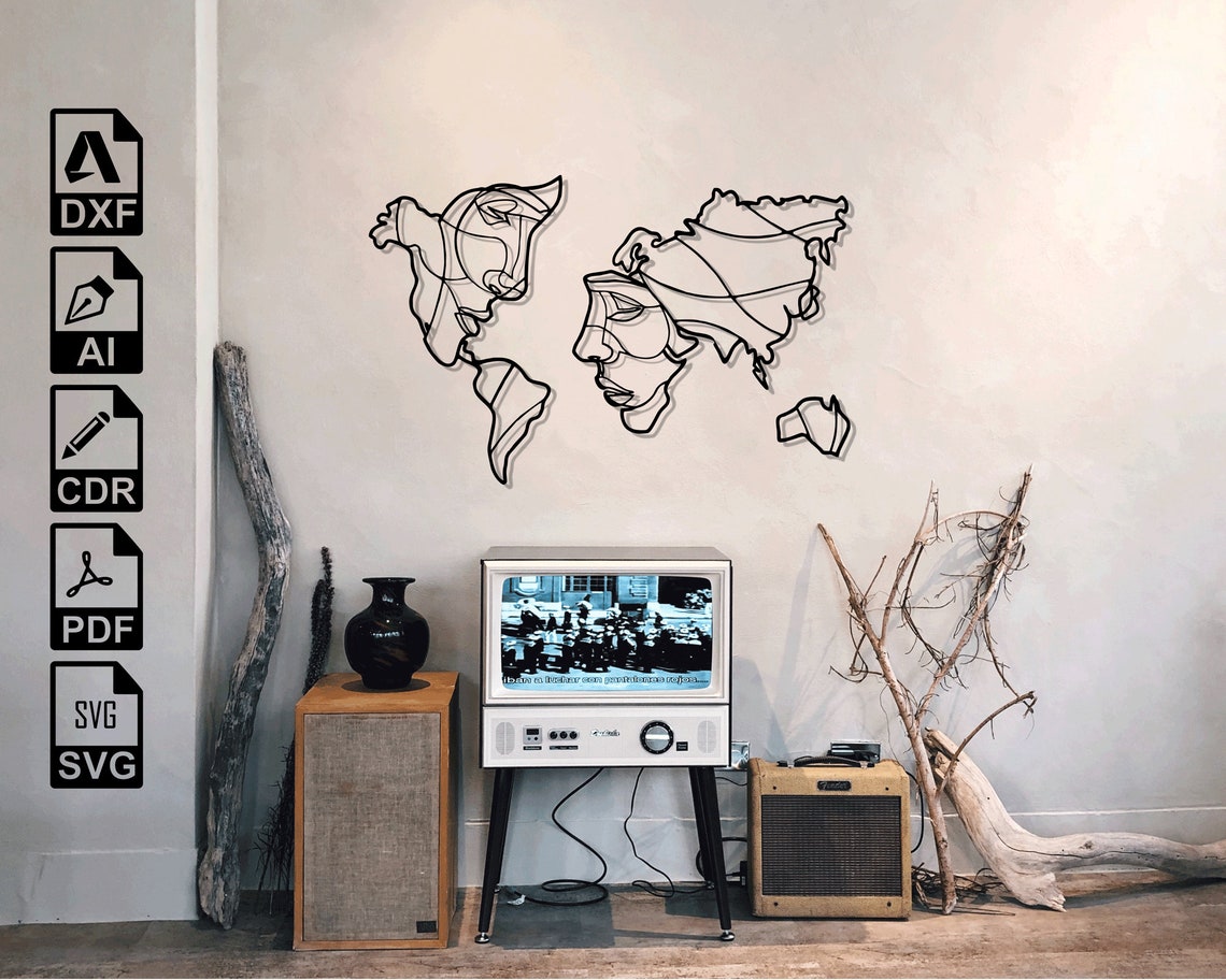 World Map Faces Laser Cut Svg Dxf Files Wall Sticker Engraving - Etsy