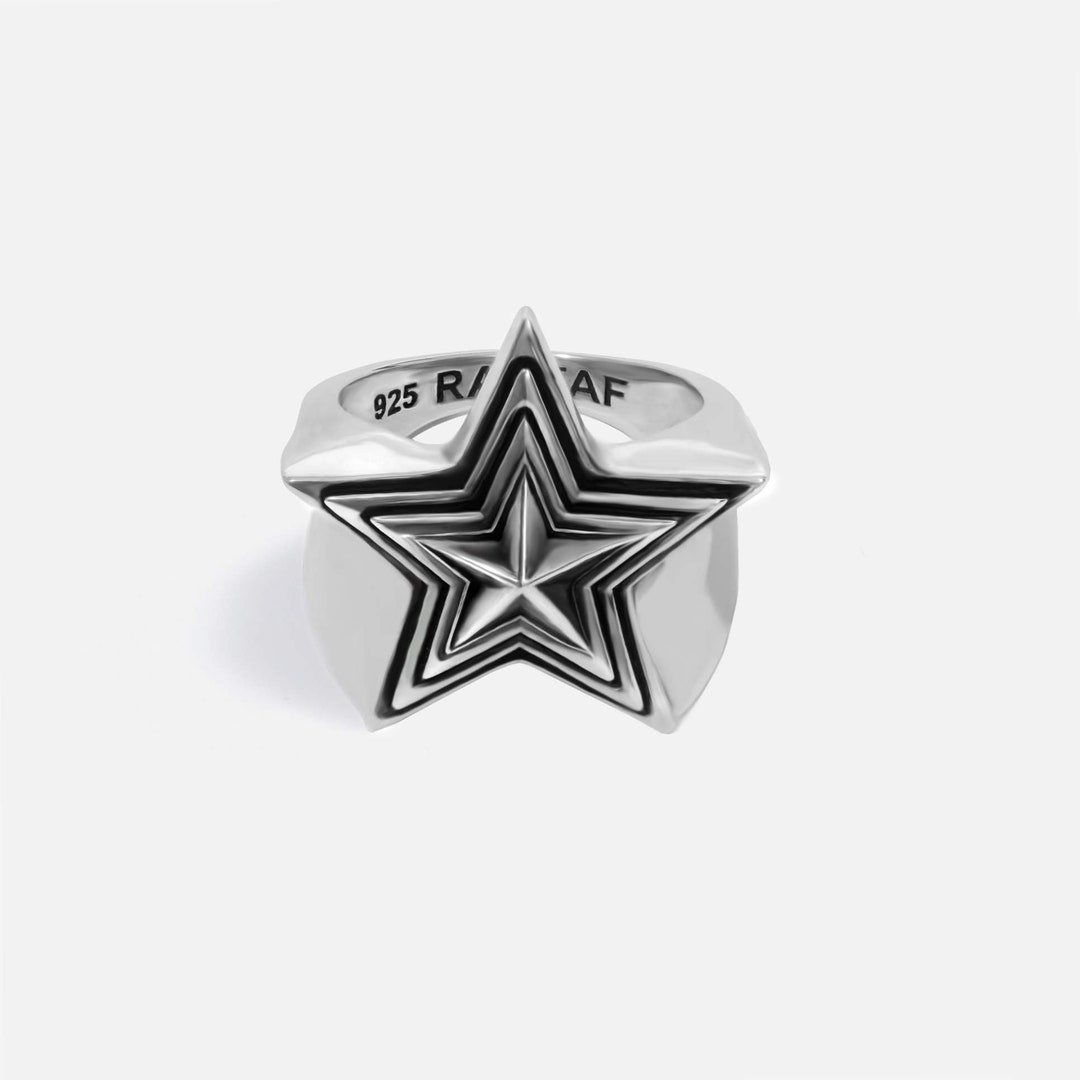 925 Silver Star Ring, Star Engraved Ring, Unisex Layered Signet Ring ...