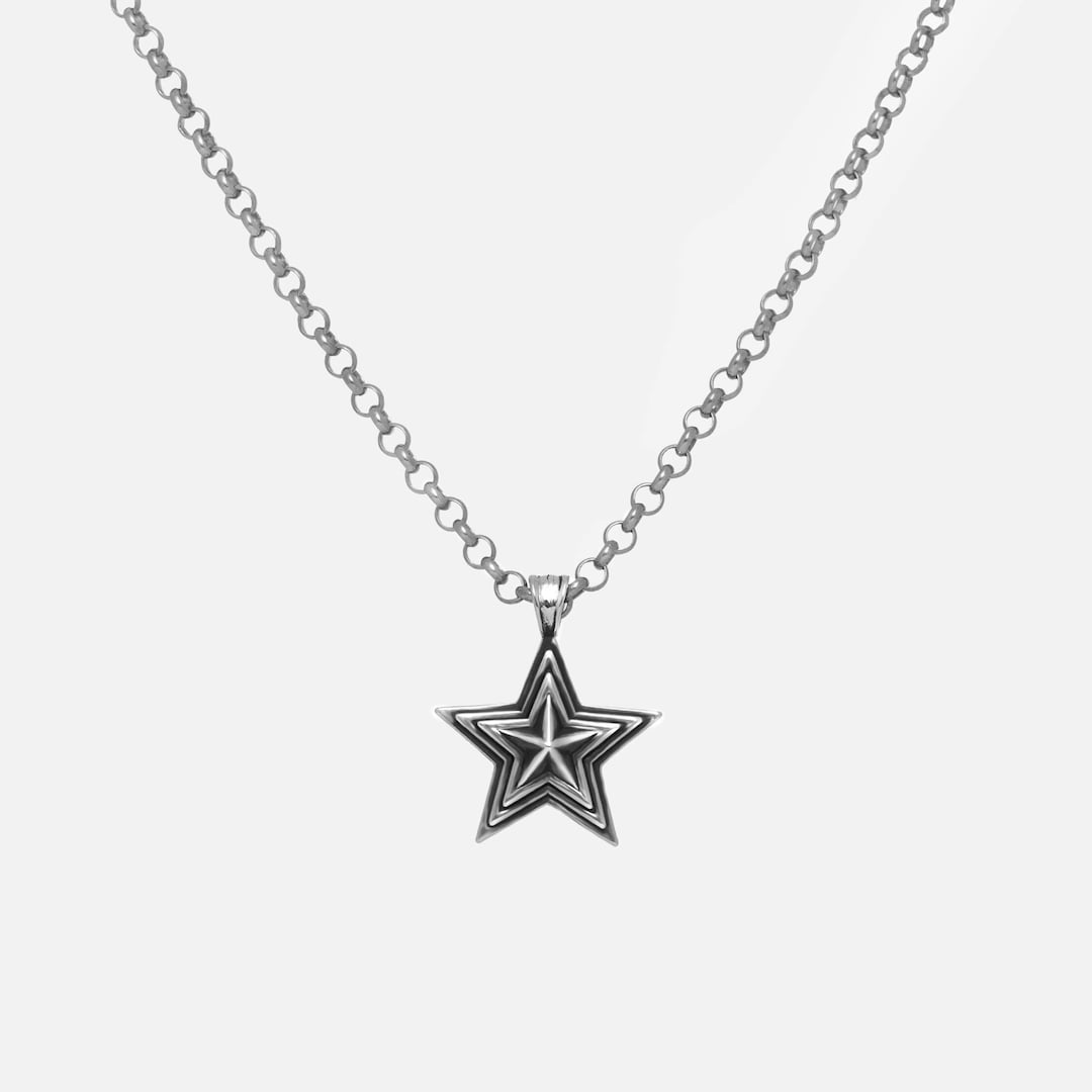 925 Silver Star Necklace With Cable Chain, Star Engraved, Handmade ...
