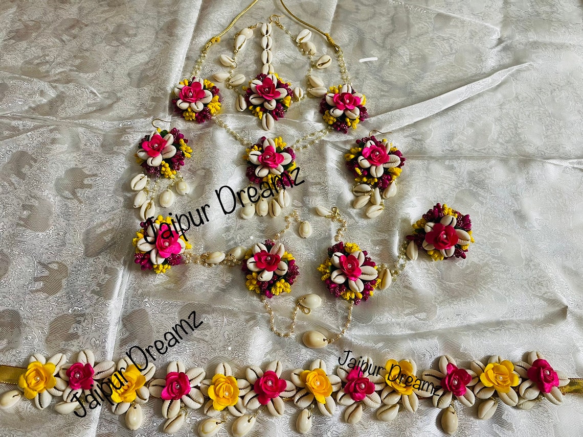 Pink and Yellow Floral Cowrie Shell Bridal Jewelry Set| Haldi Jewelry ...