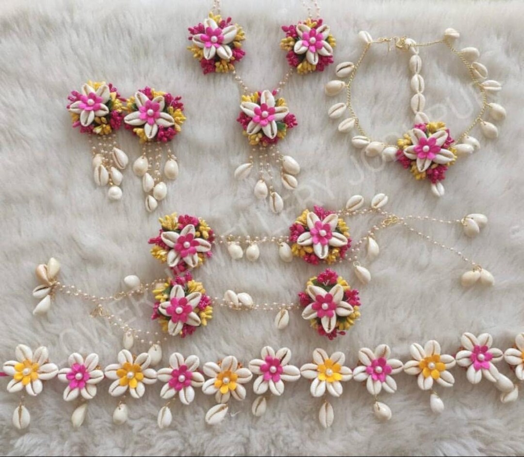 Pink and Yellow Floral Cowrie Shell Bridal Jewelry Set| Haldi Jewelry ...