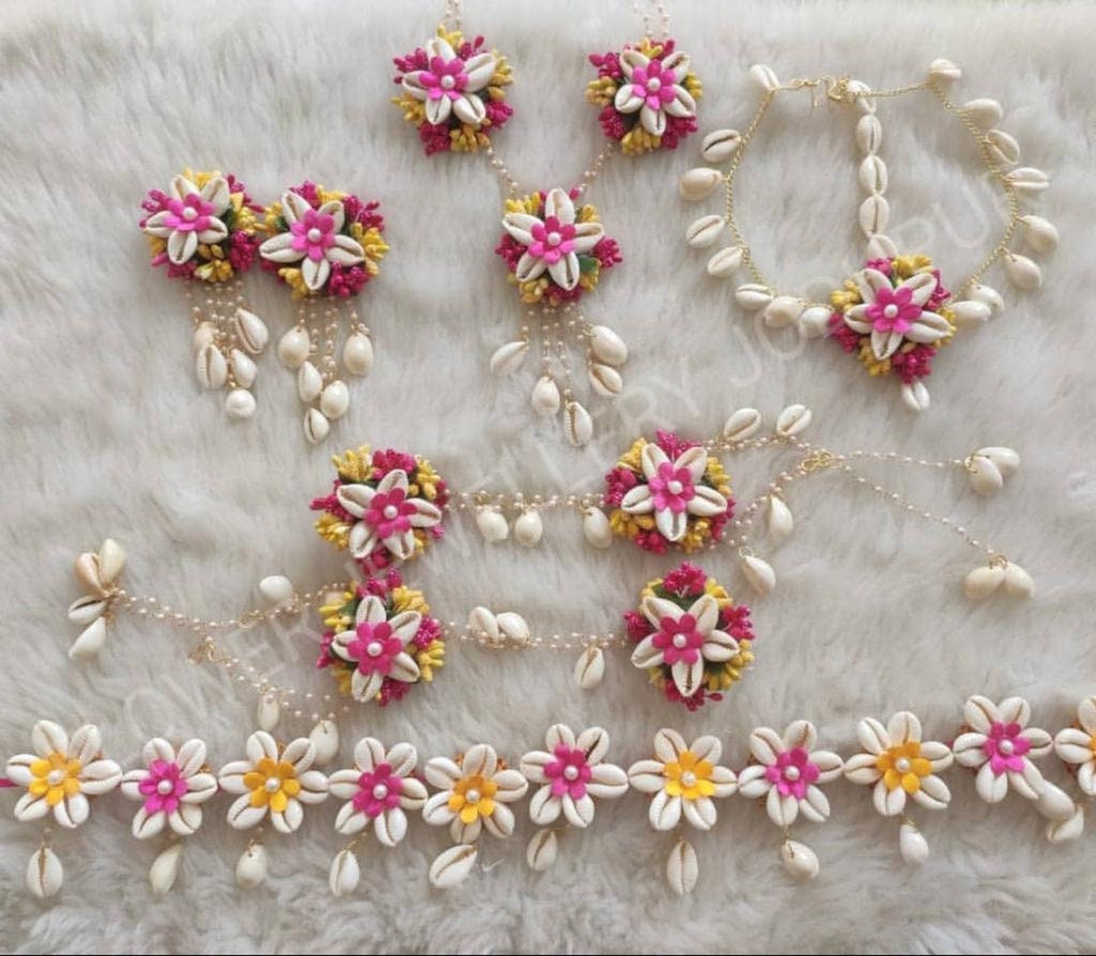 Pink and Yellow Floral Cowrie Shell Bridal Jewelry Set| Haldi Jewelry ...
