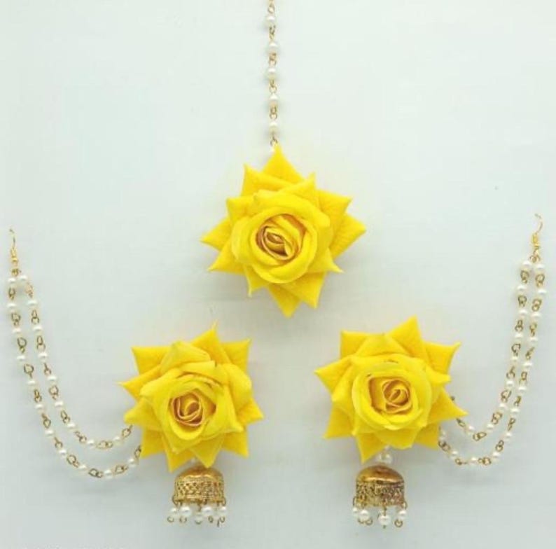 Rose Flower Bridal Jewelry Haldi Floral Earrings With Headpiece Bridal ...