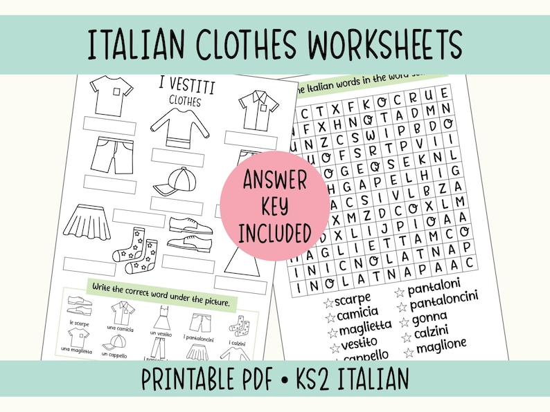 Italian Clothes Vocabulary Worksheets | Printable PDF for Kids (digital ...