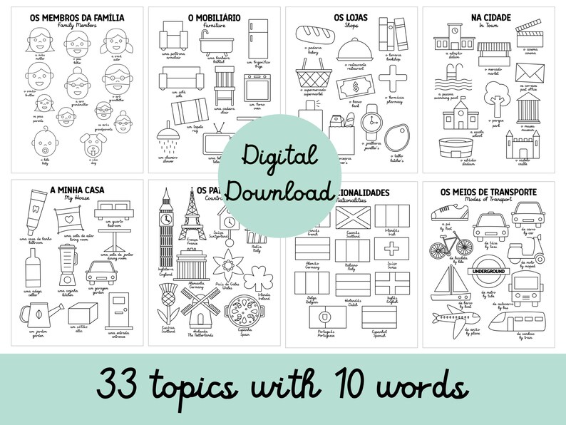 Portuguese Colouring Pages: Kids & Beginners Vocabulary (33 Pages) - Etsy