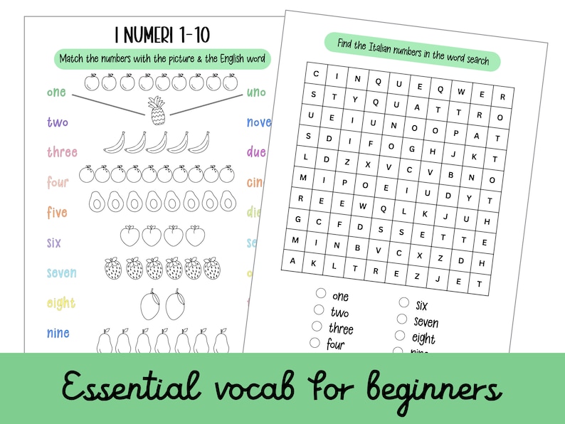 Italian Printable Activity Sheets for Kids for Home Learning and School ...