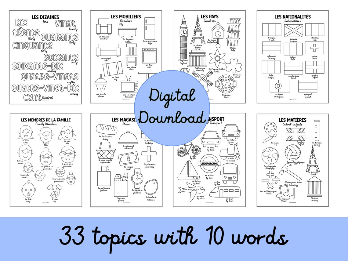 French Colouring Pages: Bilingual Vocabulary for Kids (33 Pages) - Etsy