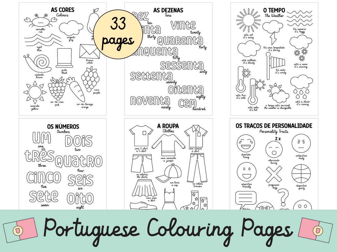 Portuguese Colouring Pages: Kids & Beginners Vocabulary (33 Pages) - Etsy
