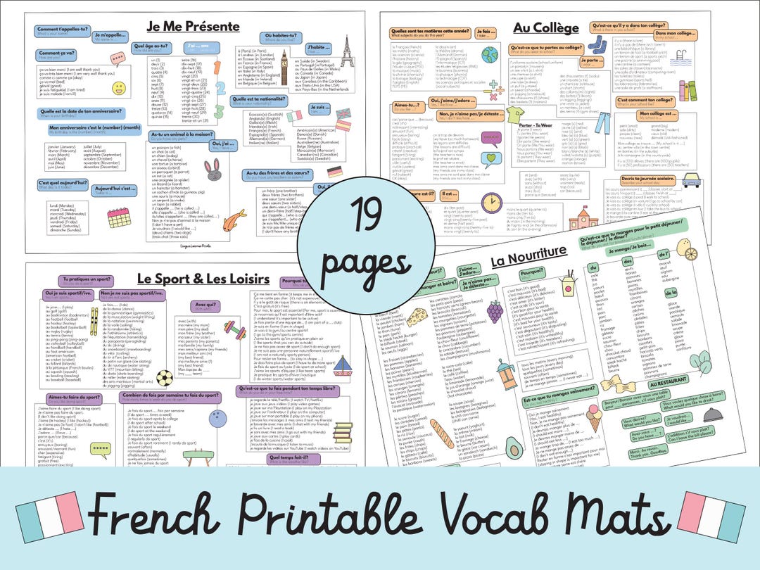 French Vocabulary Mats: Speaking & Writing Practice (19 Pages) - Etsy