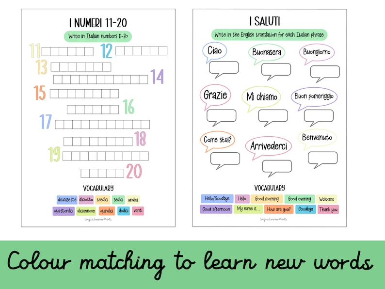 Italian Printable Activity Sheets for Kids for Home Learning and School ...