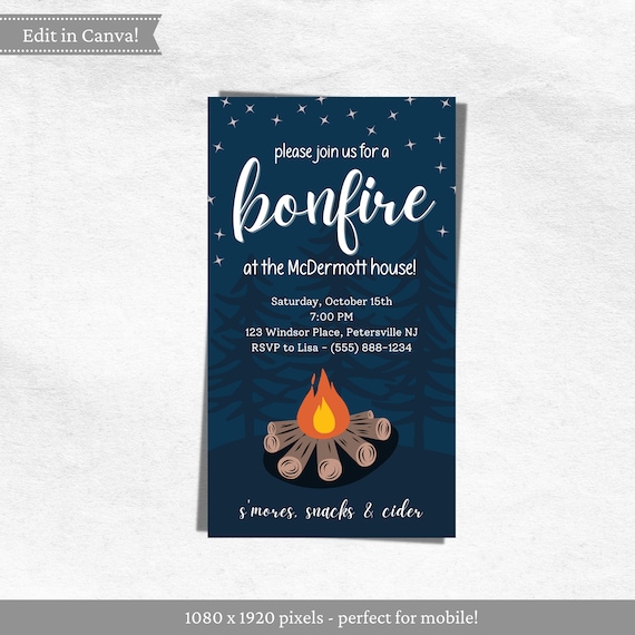 Fall Bonfire Invite Template Mobile Formatting S'mores - Etsy