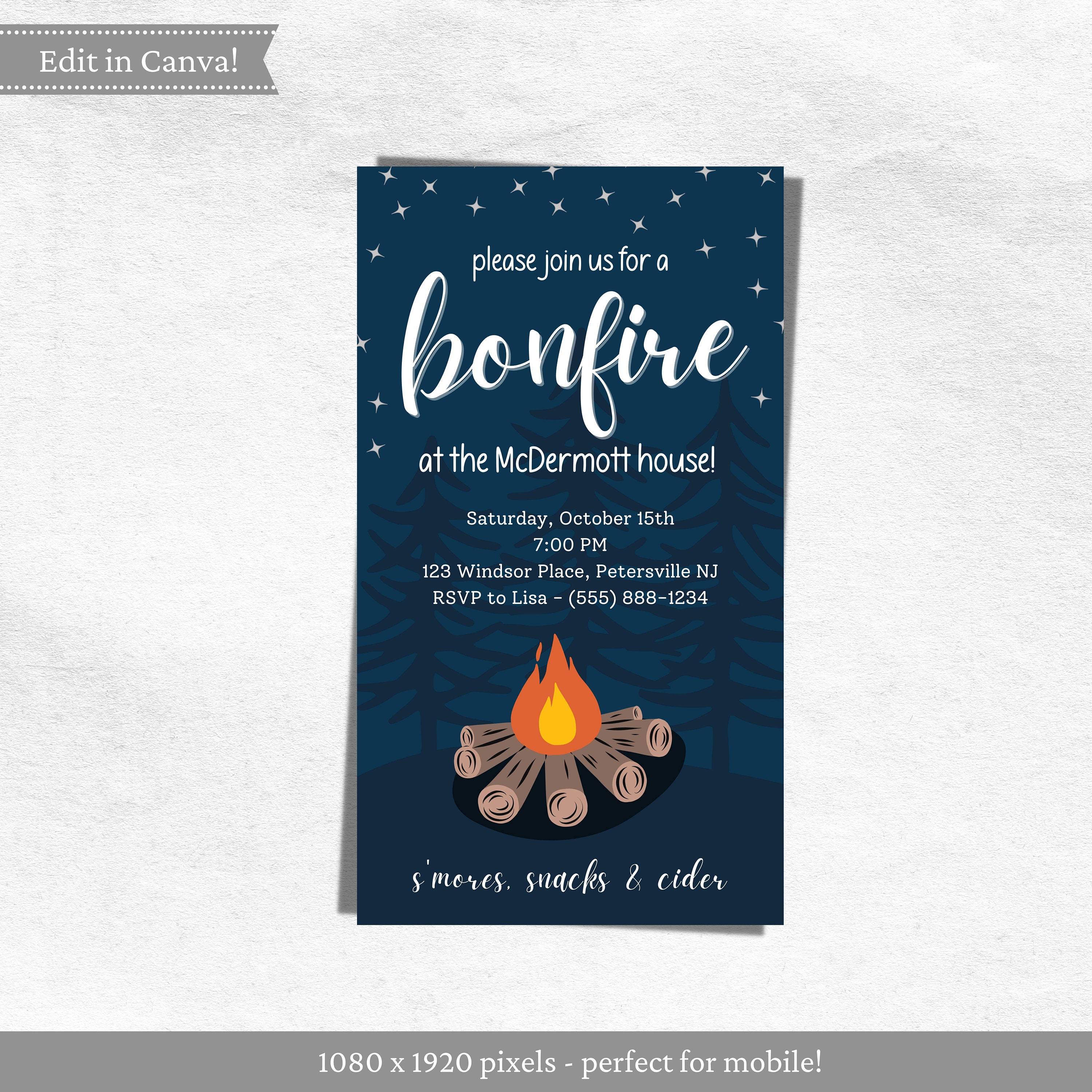 Fall Bonfire Invite Template, Mobile Formatting, S'mores Campfire ...