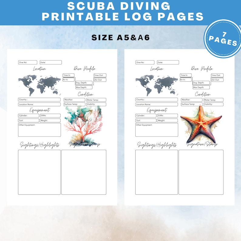 Printable Scuba Diving Logbook Pages | Ocean Themed Graphics | A5, A6 ...