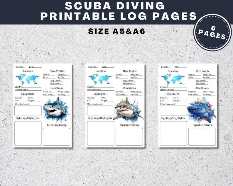 Printable Scuba Diving Logbook Pages | Sharks Graphics | A5, A6 Format ...