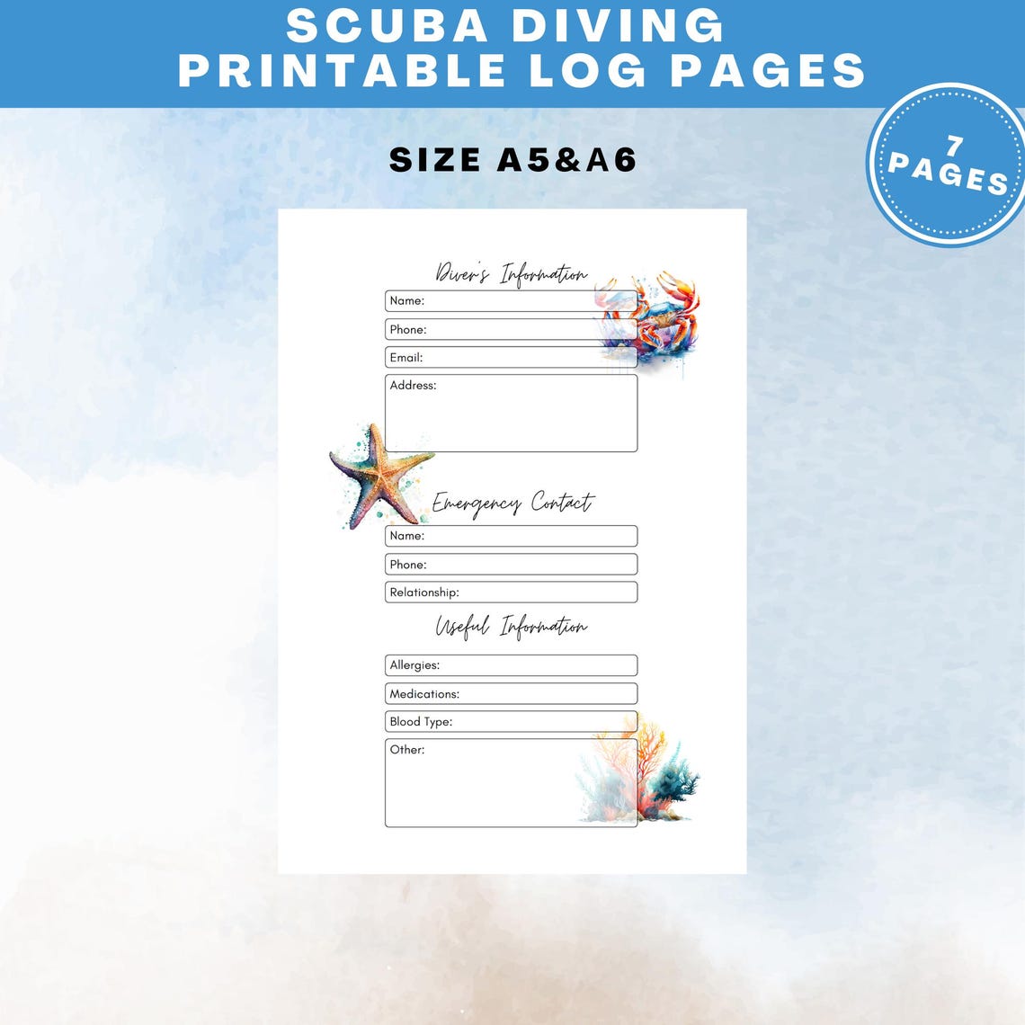 Printable Scuba Diving Logbook Pages | Ocean Themed Graphics | A5, A6 ...