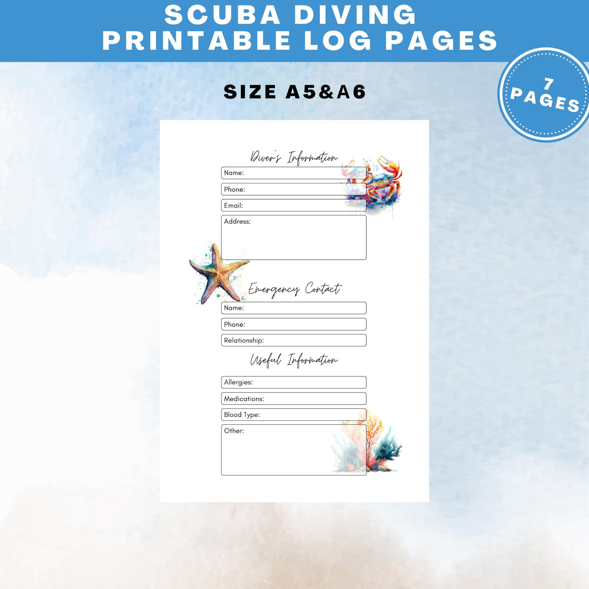 Printable Scuba Diving Logbook Pages | Ocean Themed Graphics | A5, A6 ...