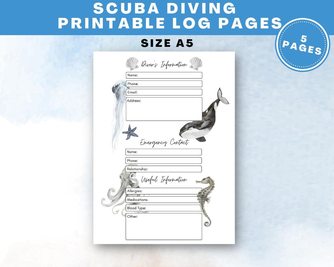 Printable Scuba Diving Logbook Pages | Ocean Themed Graphics | A5, A6 ...