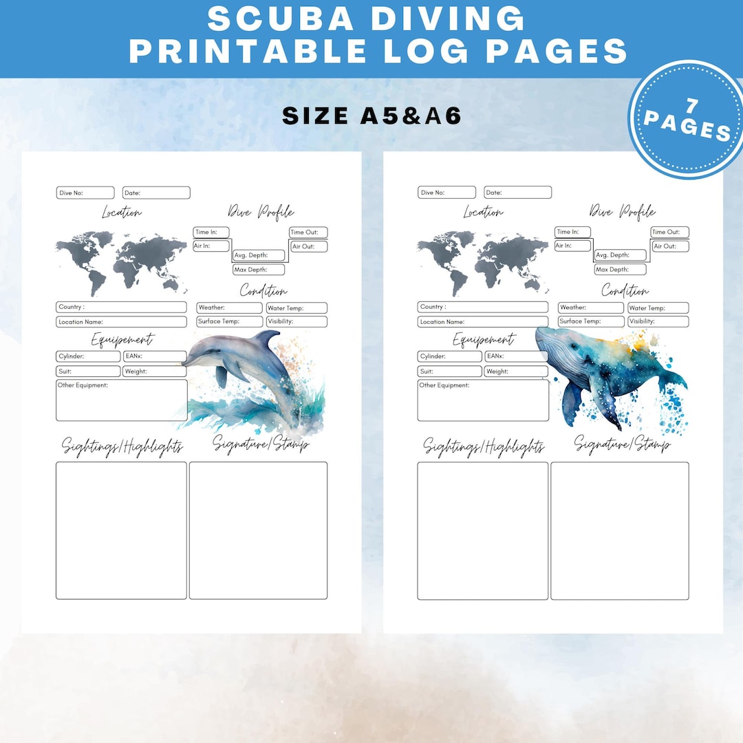Printable Scuba Diving Logbook Pages | Ocean Themed Graphics | A5, A6 ...