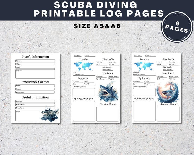 Printable Scuba Diving Logbook Pages | Sharks Graphics | A5, A6 Format ...