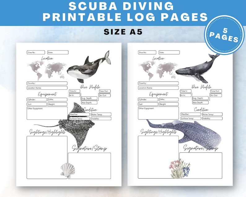 Printable Scuba Diving Logbook Pages | Ocean Themed Graphics | A5, A6 ...