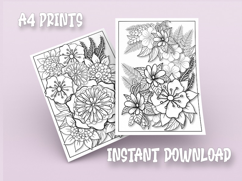 Three Flower Coloring Pages, Instant Download, Printable, Stress Relief ...