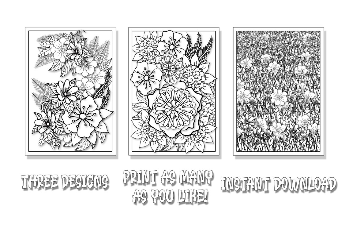 Three Flower Coloring Pages, Instant Download, Printable, Stress Relief ...