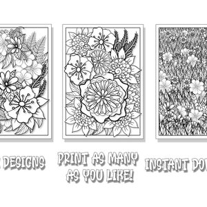 Three Flower Coloring Pages, Instant Download, Printable, Stress Relief ...