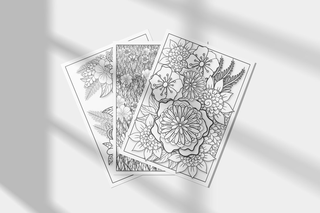 Three Flower Coloring Pages, Instant Download, Printable, Stress Relief ...