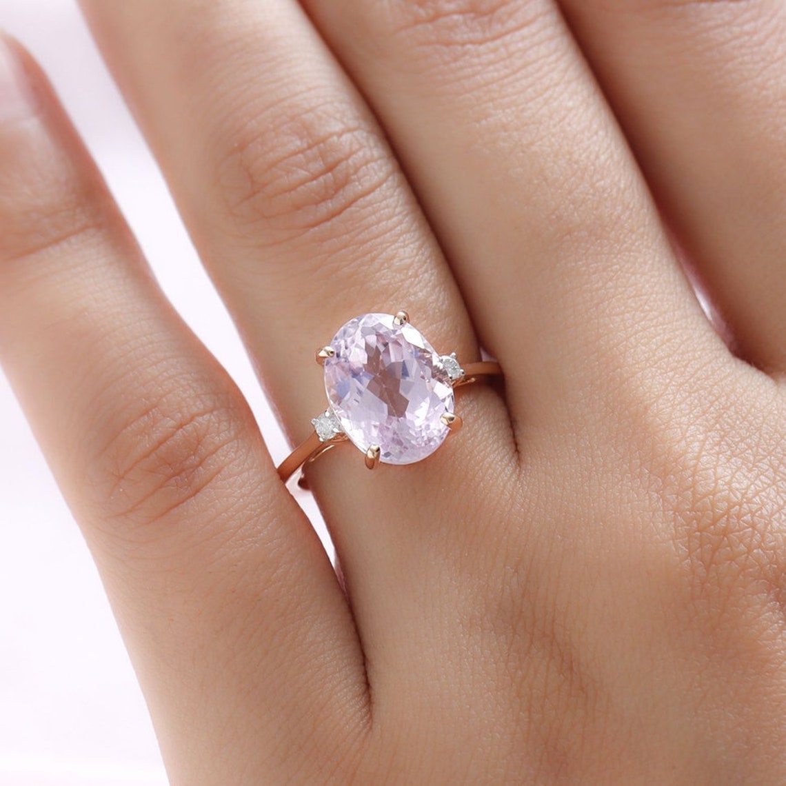 Certified Kunzite Engagement Ring in 14K Rose Gold Plated Sterling ...