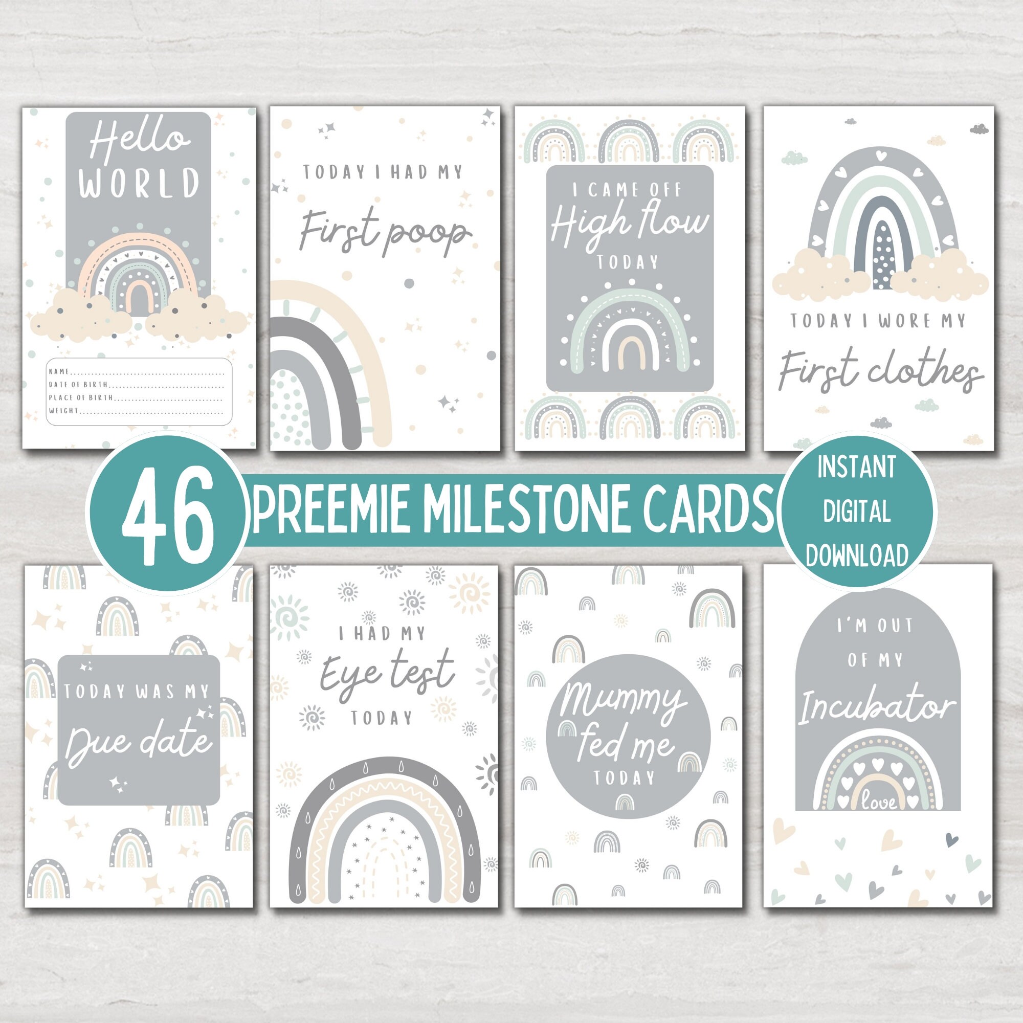 Preemie Baby NICU Milestone Cards, Neutral Grey Boho Rainbow, Baby ...