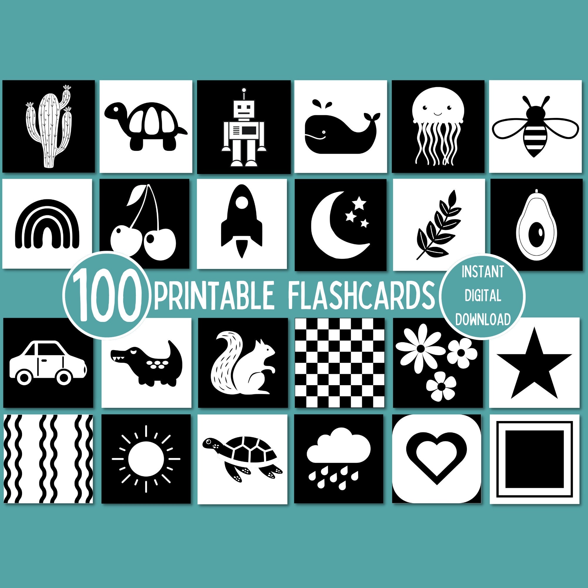 100 Black & White Sensory Flashcards for Newborn Babies Development ...