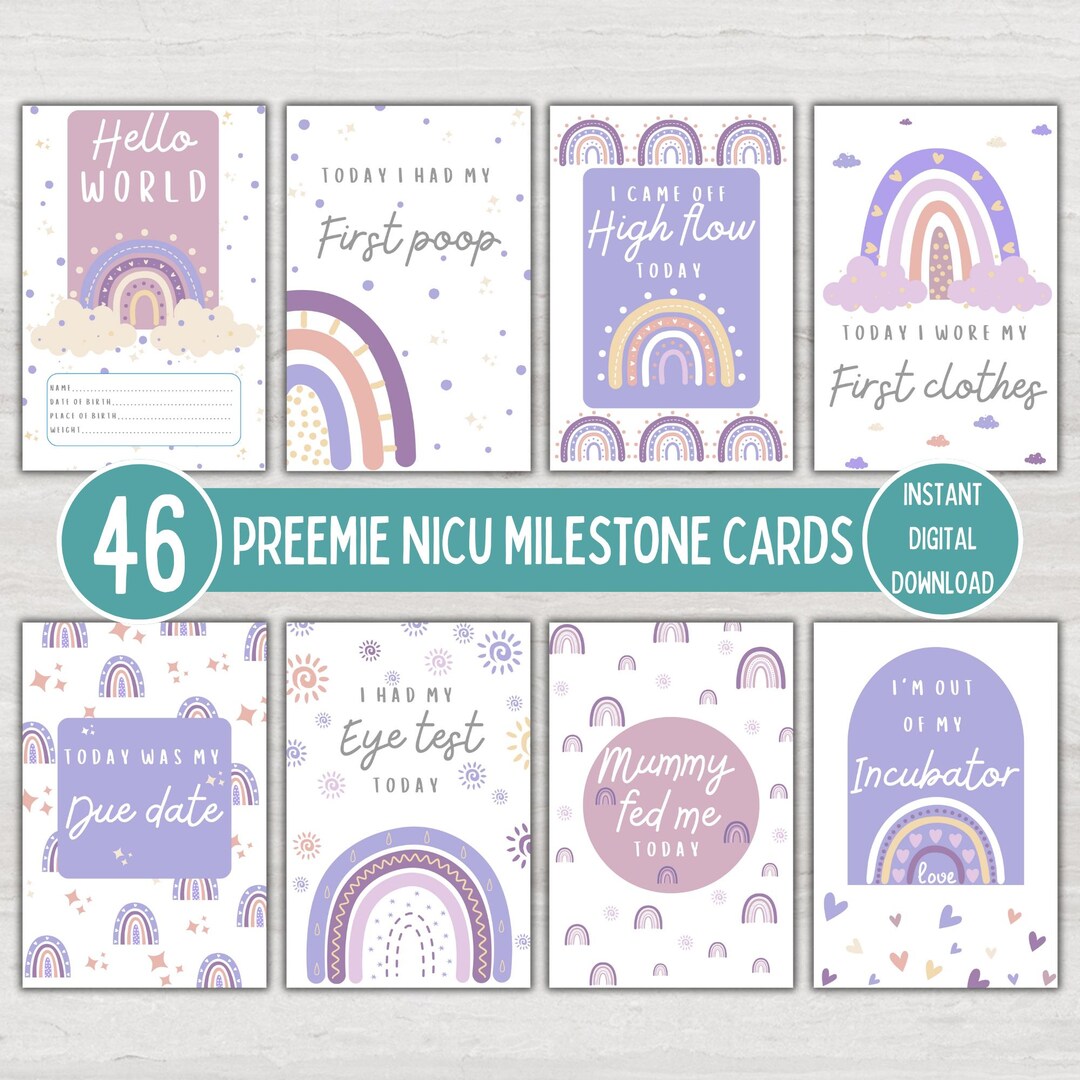 Preemie Baby NICU Milestone Cards, Purple Rainbow Printable NICU Baby ...