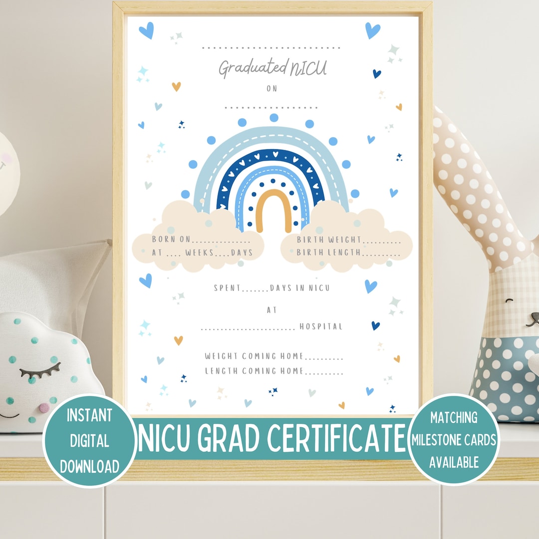 NICU Graduate Certificate, NICU Grad, Preemie Baby NICU Milestone, Blue ...