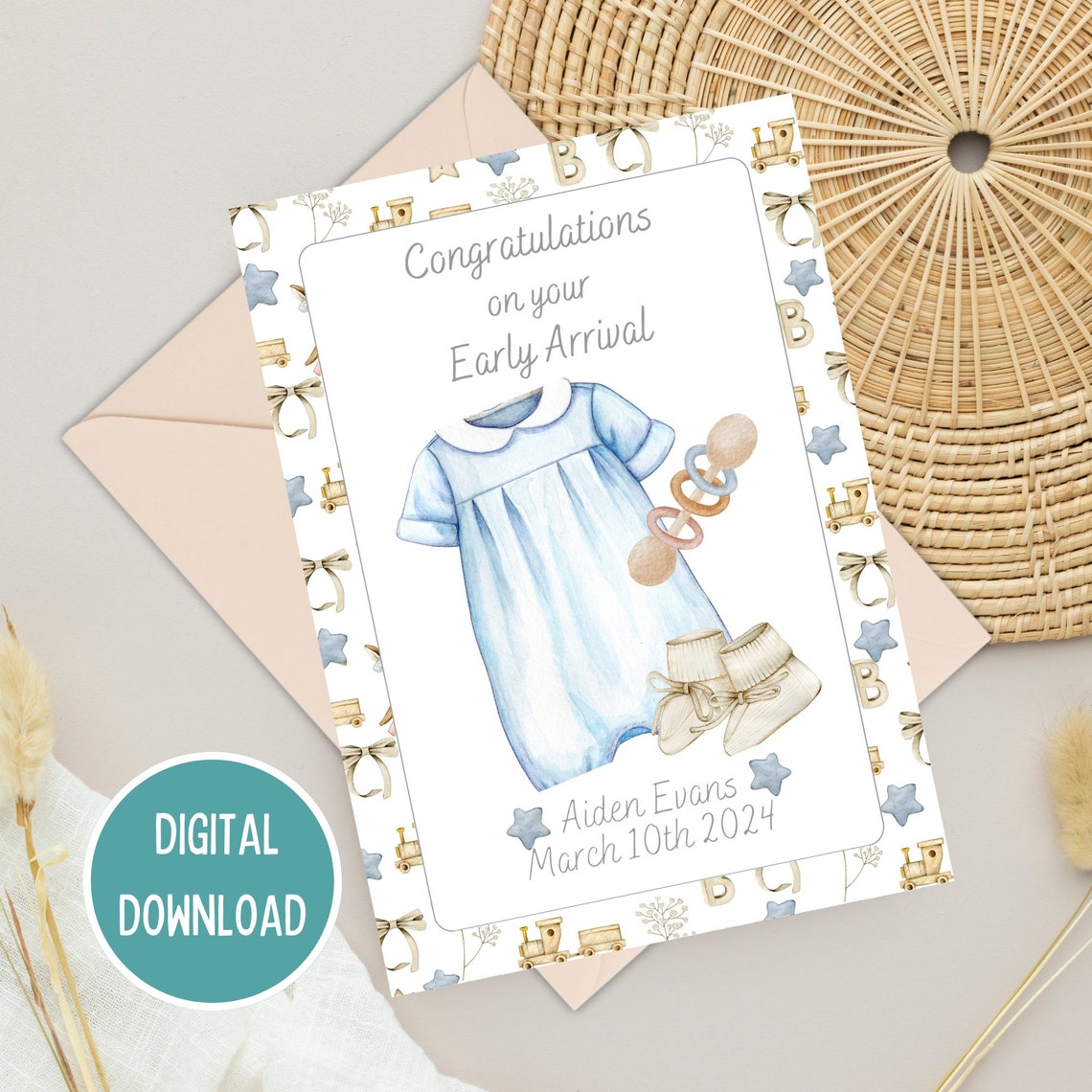 Premature Baby Boy Congratulations Early Arrival Card, Vintage Blue ...