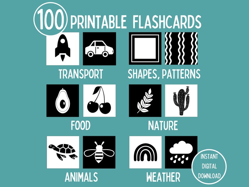 100 Black & White Sensory Flashcards for Newborn Babies Development ...
