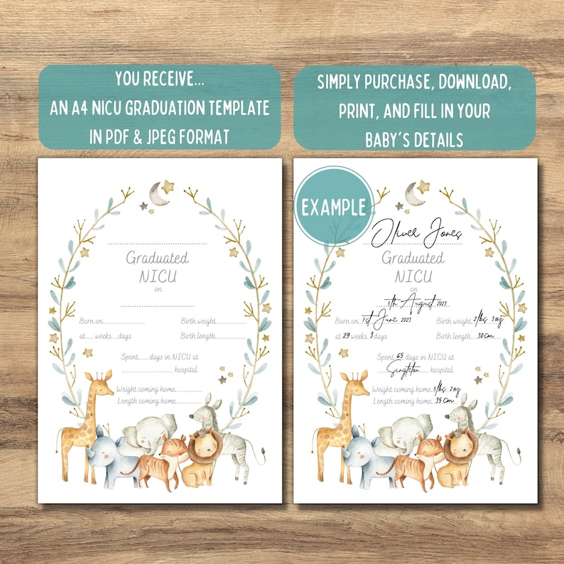 Safari Animal NICU Graduate Certificate, NICU Grad, Preemie Baby NICU ...
