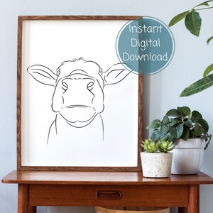 Cow Line Art, Farm Animal Black and White Minimalist Print, Instant ...