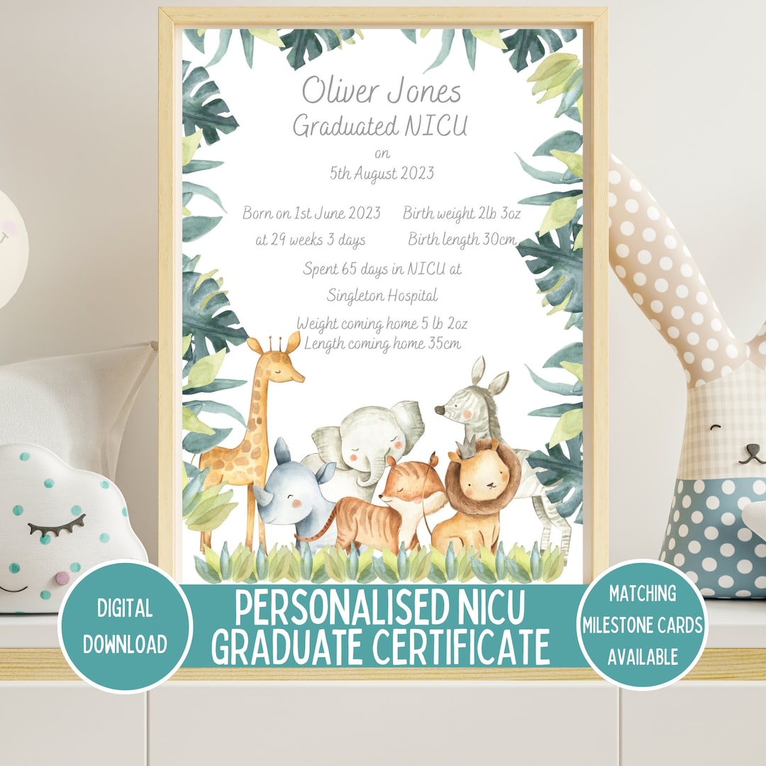 NICU Graduate Certificate, Personalised Safari Animal NICU Grad ...