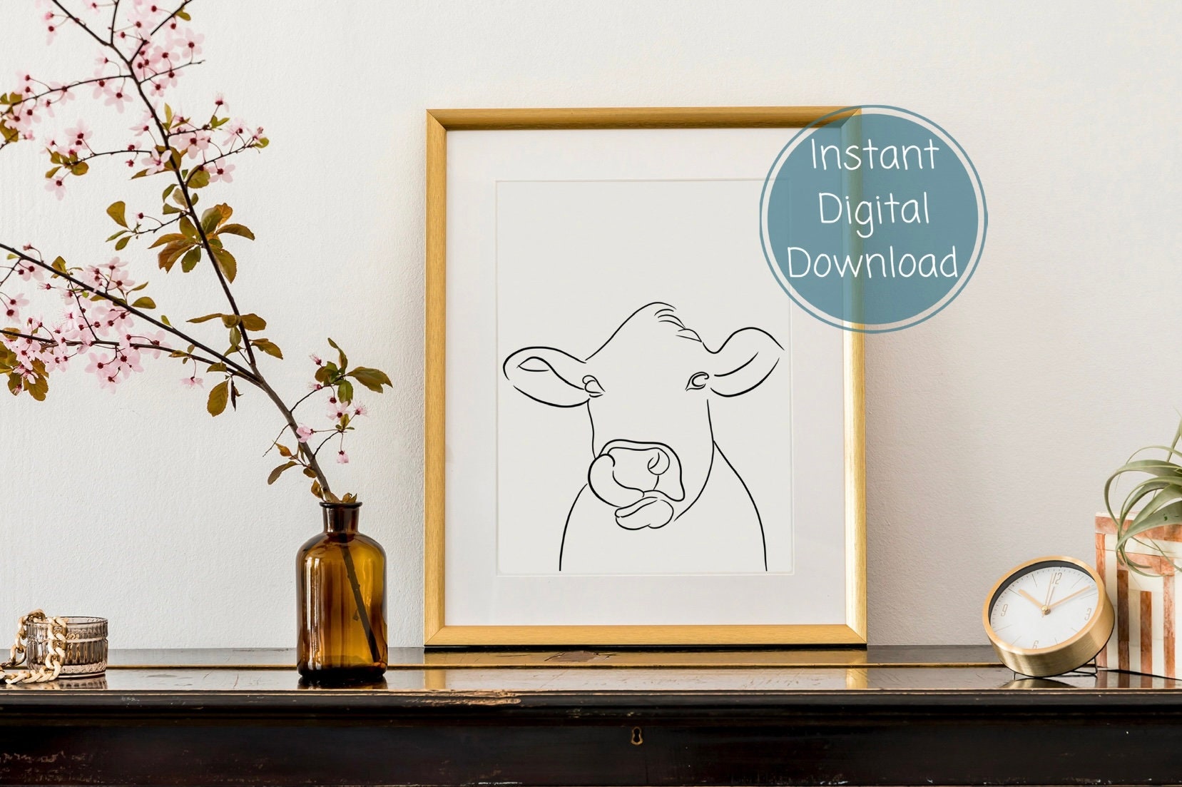 Cow Line Art, Farm Animal Black and White Minimalist Print, Instant ...