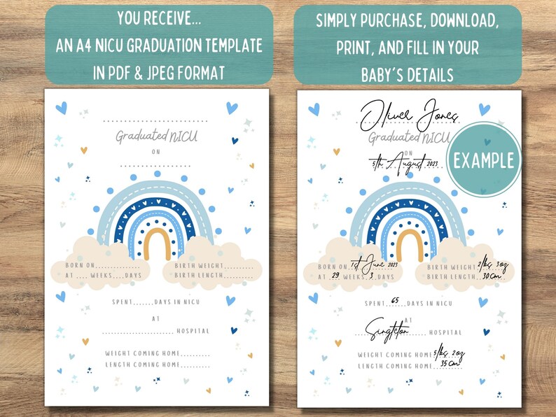 NICU Graduate Certificate, NICU Grad, Preemie Baby NICU Milestone, Blue ...